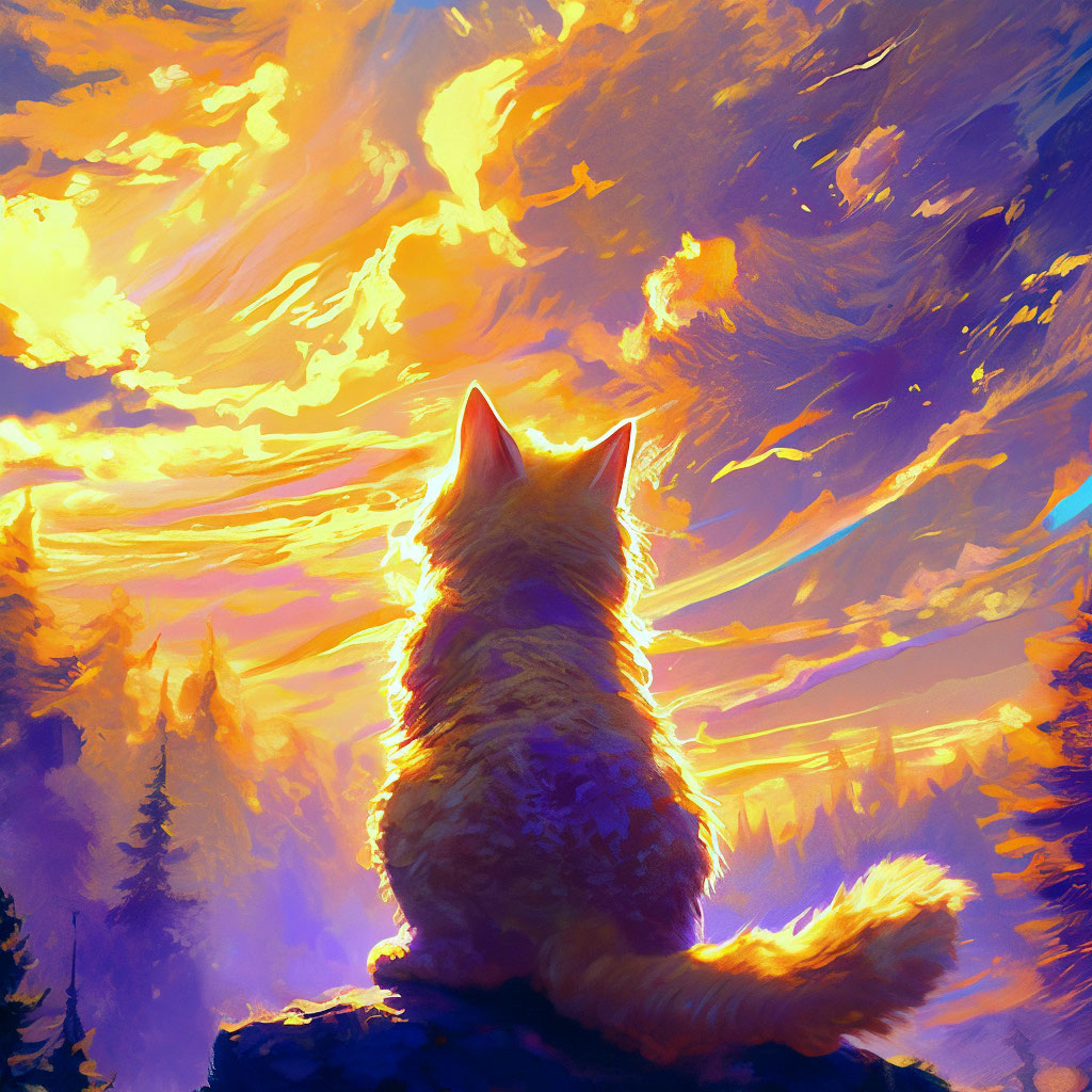 "Cat, morning,silence of a distant forest, golden, yellow, purple ochre ...