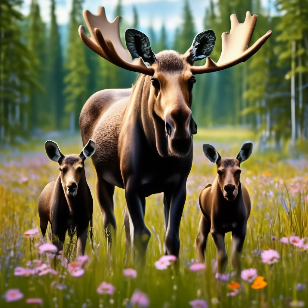 "A moose with two moose children walks in a meadow with flowers ...