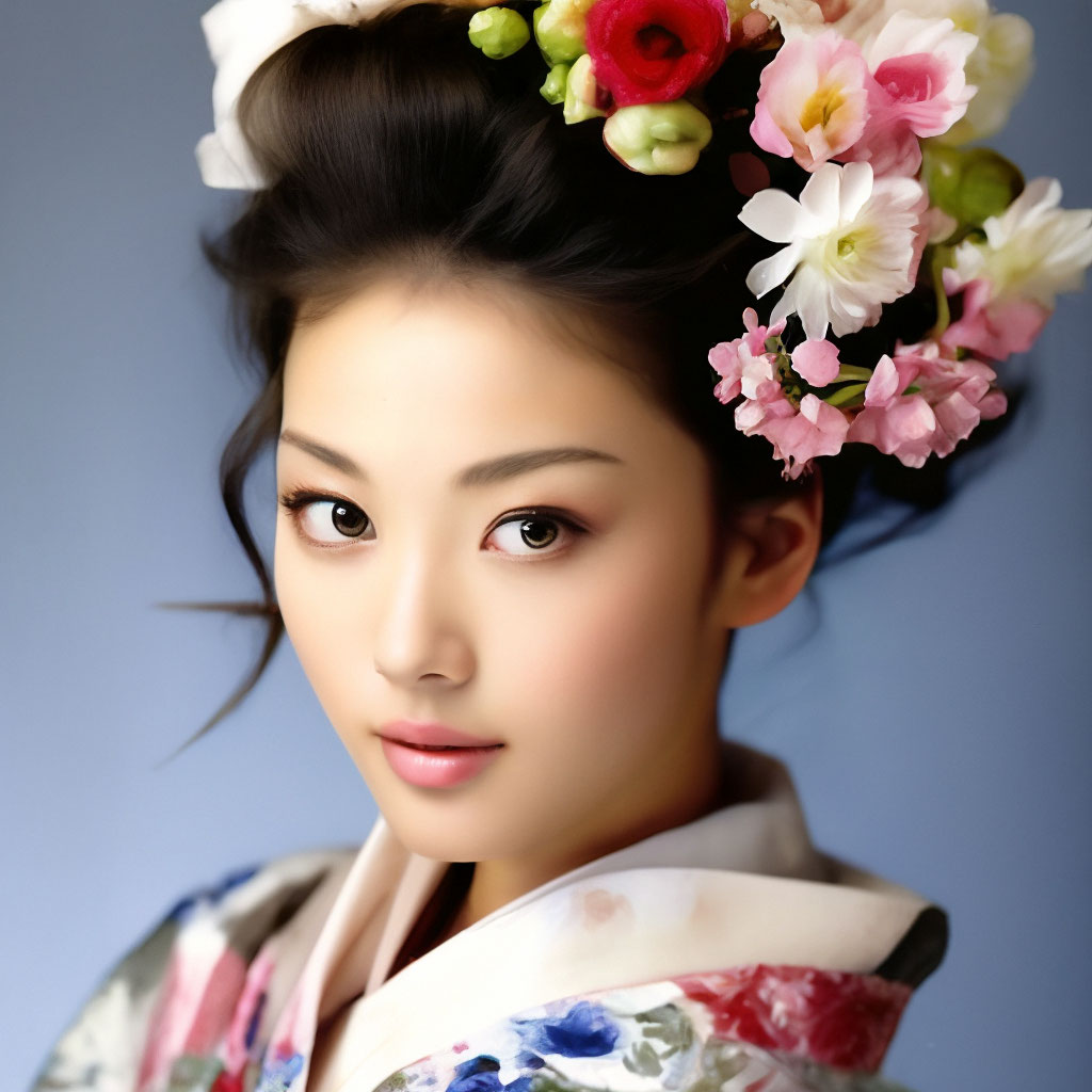 "Magazine photo, high fashion, beautiful Japanese girl, with flowers in ...