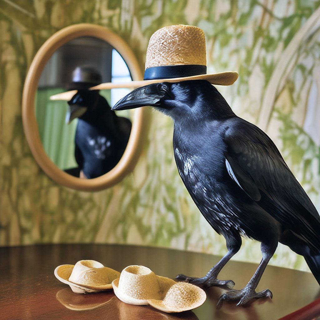 "An inquisitive crow tries on a straw hat in front of a mirror" — image ...