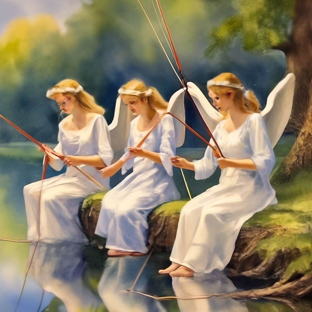 "Angels on a fishing trip. Three angels are sitting on the riverbank ...
