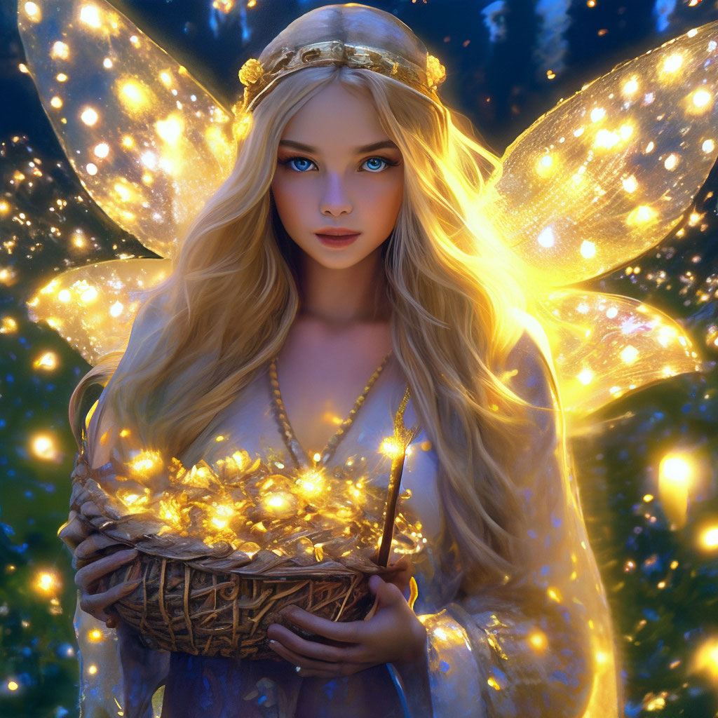 "Close-up of the eyes, a fabulous fairy collector with a basket in her ...
