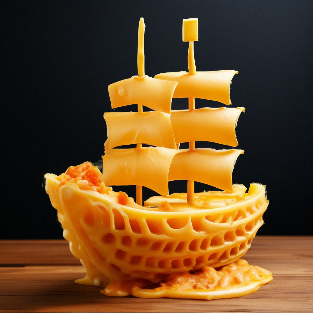 "A ship made of cheese 🧀🧀" — image created in Shedevrum