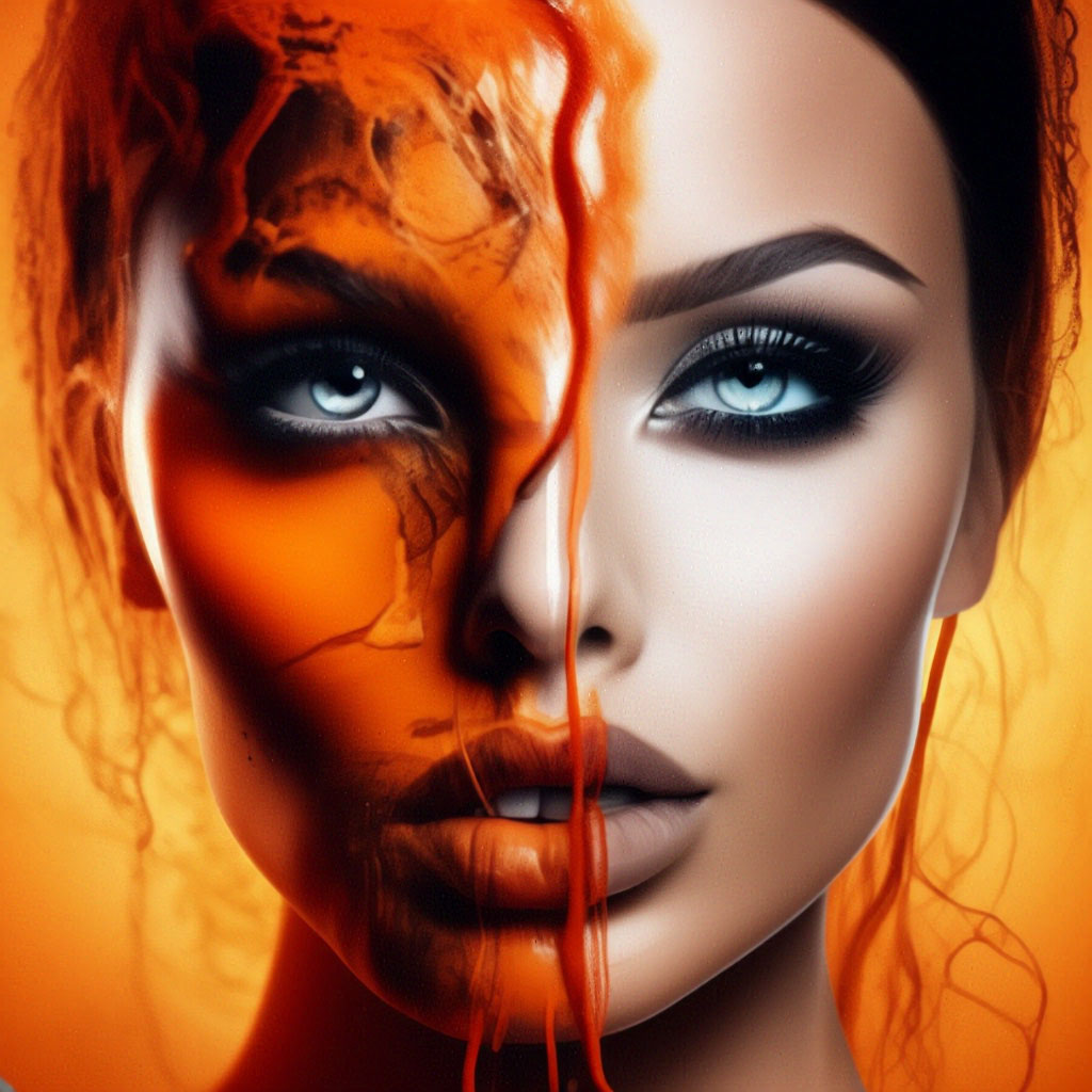 "Collage: beautiful mutant woman with giant lips and huge eyes, worms ...