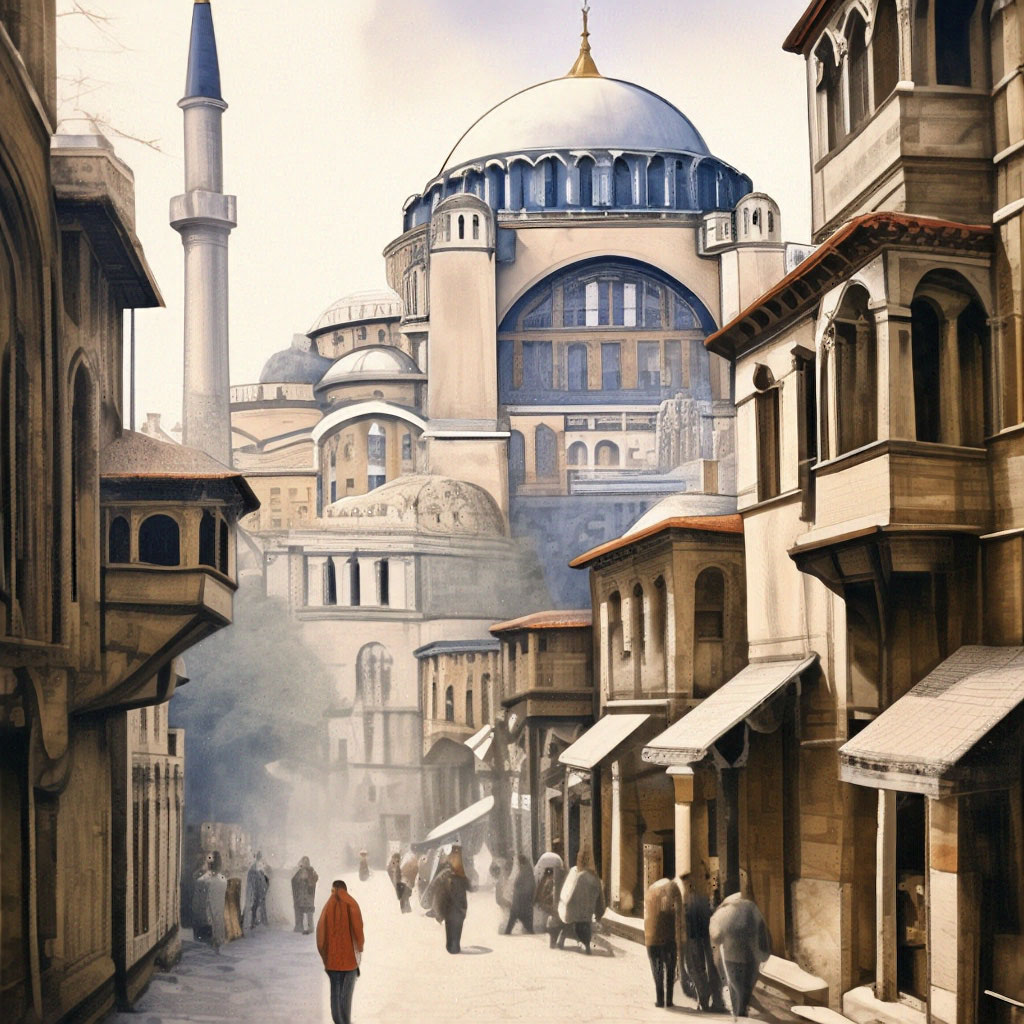 "Byzantium, Constantinople street, temples, palaces, cathedrals, houses ...