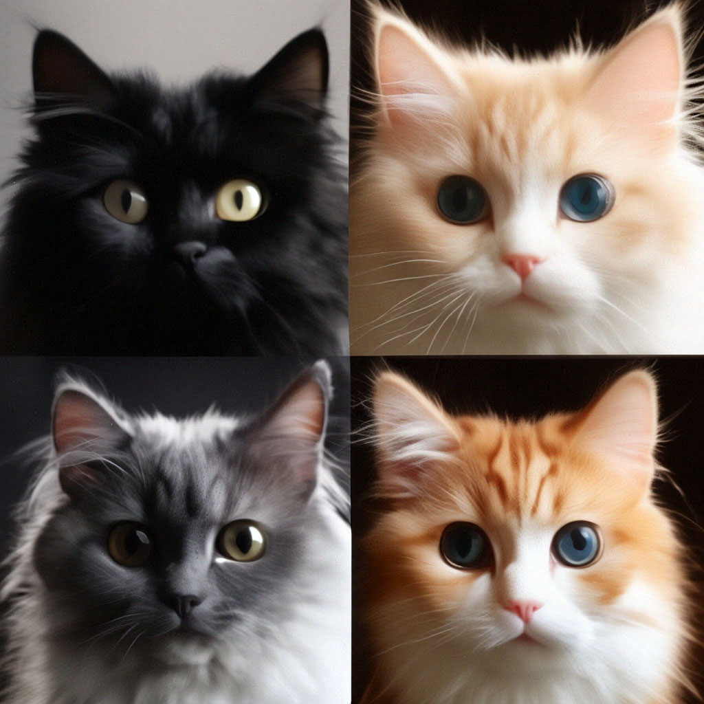 "Collage of four pictures: very cute cute, curly fluffy, cats with big ...