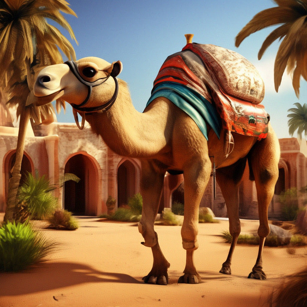 "Camel.A beautiful oasis, gorgeous palm trees, flowers, an Arab house ...