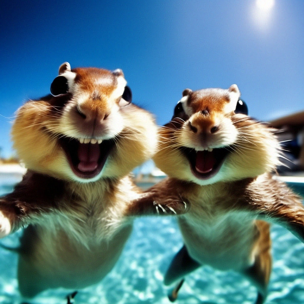"Selfie, two chipmunk friends jump into the pool, squealing with ...