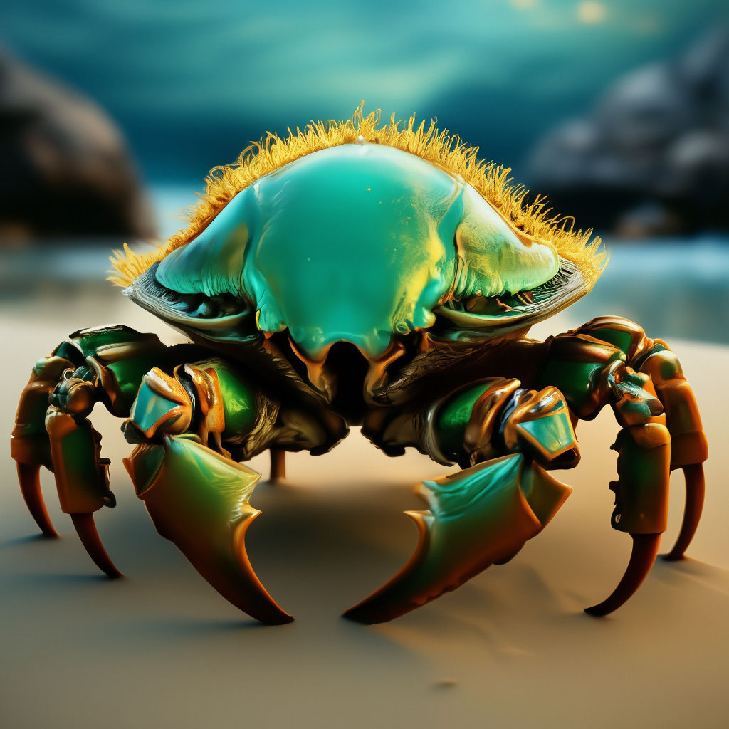 "Animated mole crab hybrids, emerald fur exuding a golden aura, genetic ...