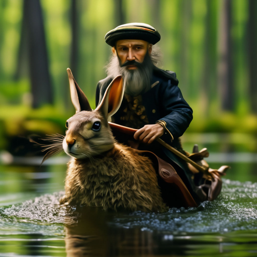 "Grandfather Mazai riding a hare in the forest, summer, realistic, 16k ...