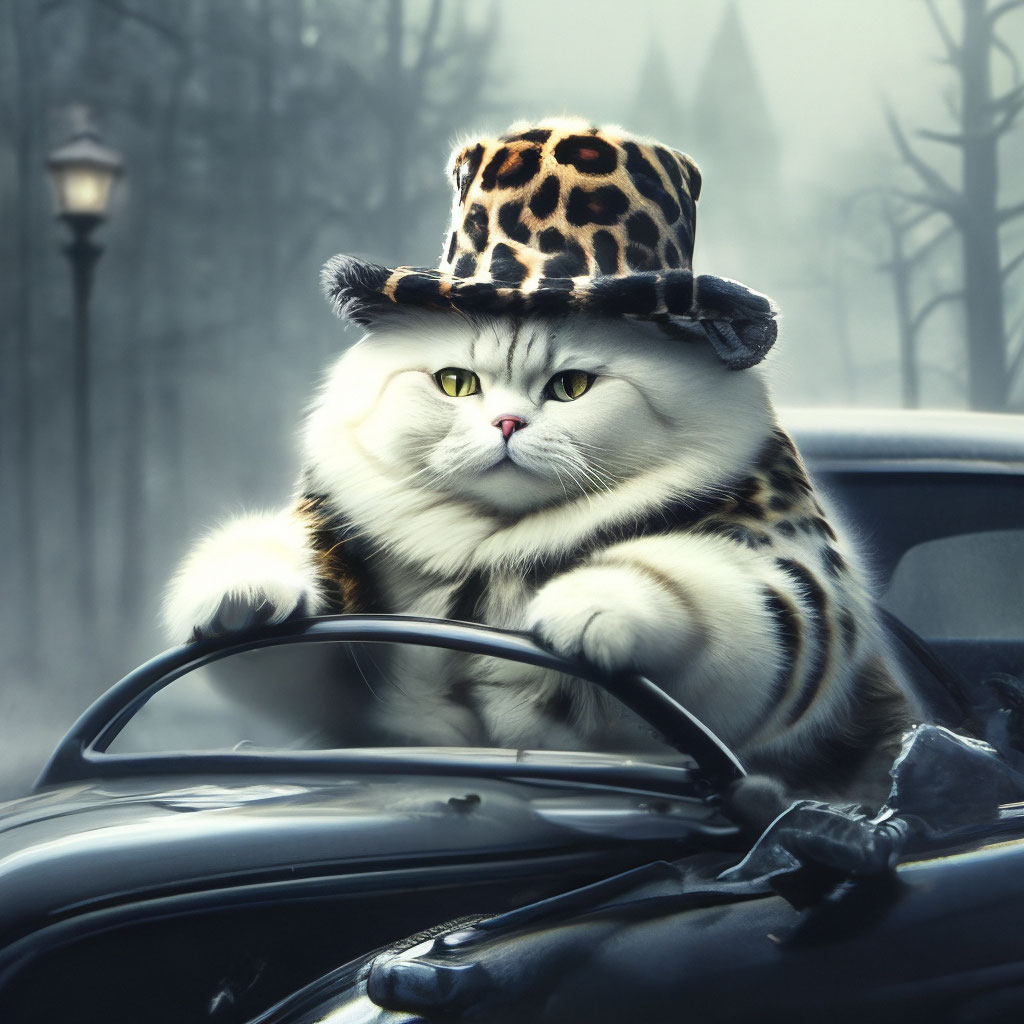 "A very fat white cat, in a leopard fur coat and hat, is driving a car ...