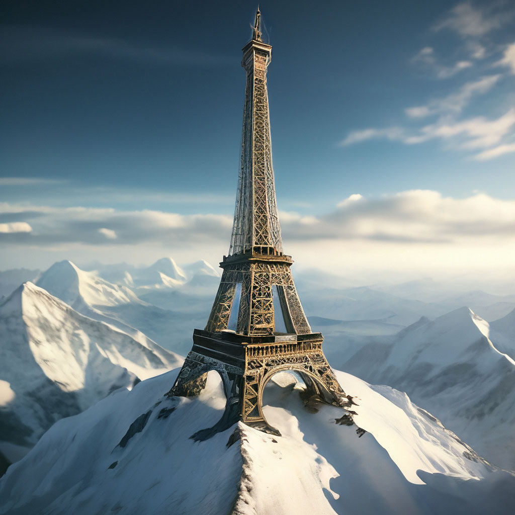 "Eiffel Tower at the top of Mount Everest" — image created in Shedevrum
