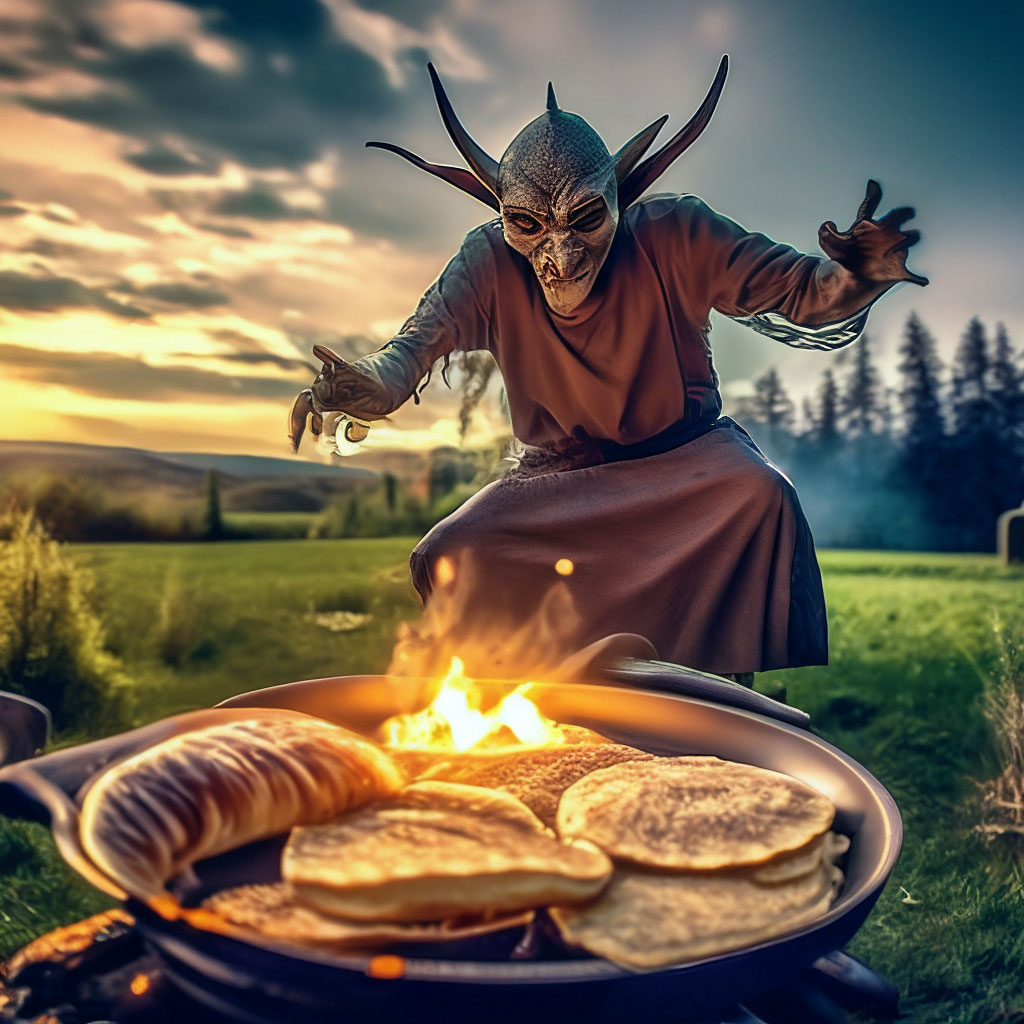 "K landscape dandelion creep demon on a farm in an apron frying ...