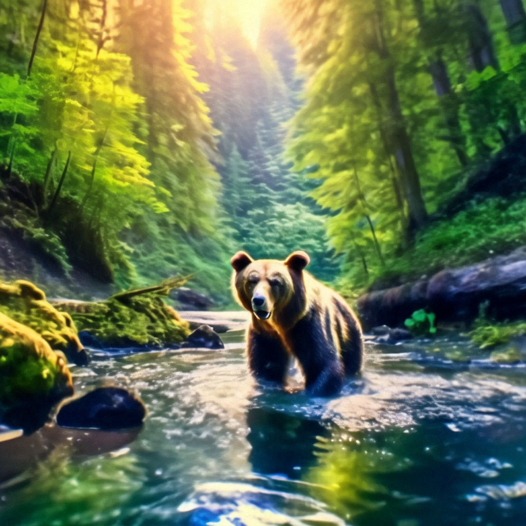 "Watercolor,botanical realistic,animalistic,forest deep ravine,bear ...