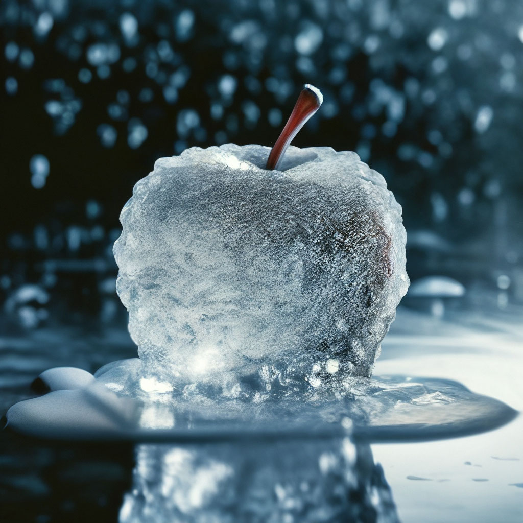 "An apple in ice" — image created in Shedevrum