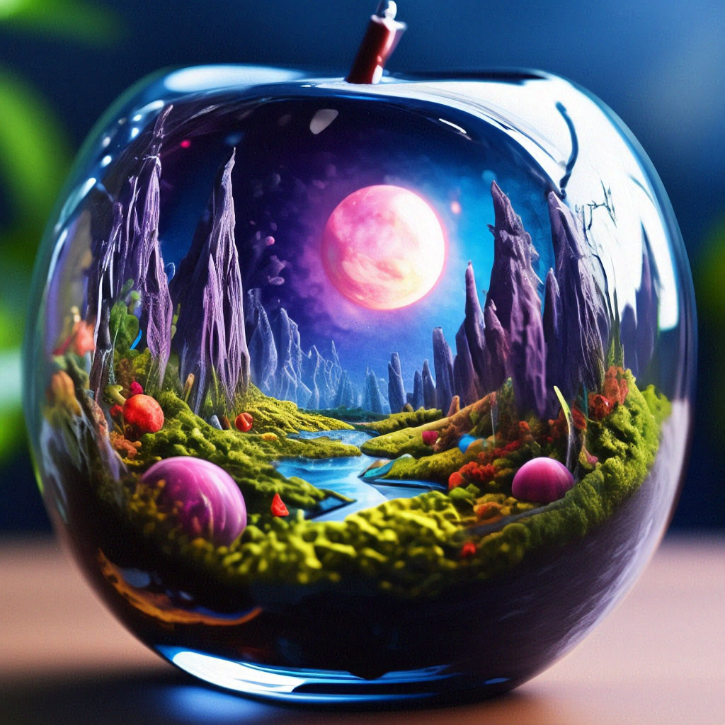 "In a glass apple, fantastic vegetation, epic,fabulous, space ...