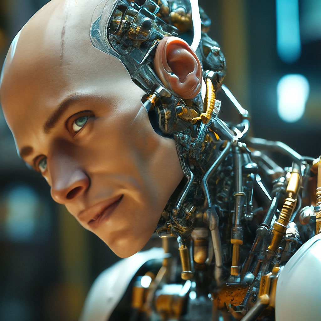 "A cheerful and kind cyborg with a human face, with burning kind eyes ...