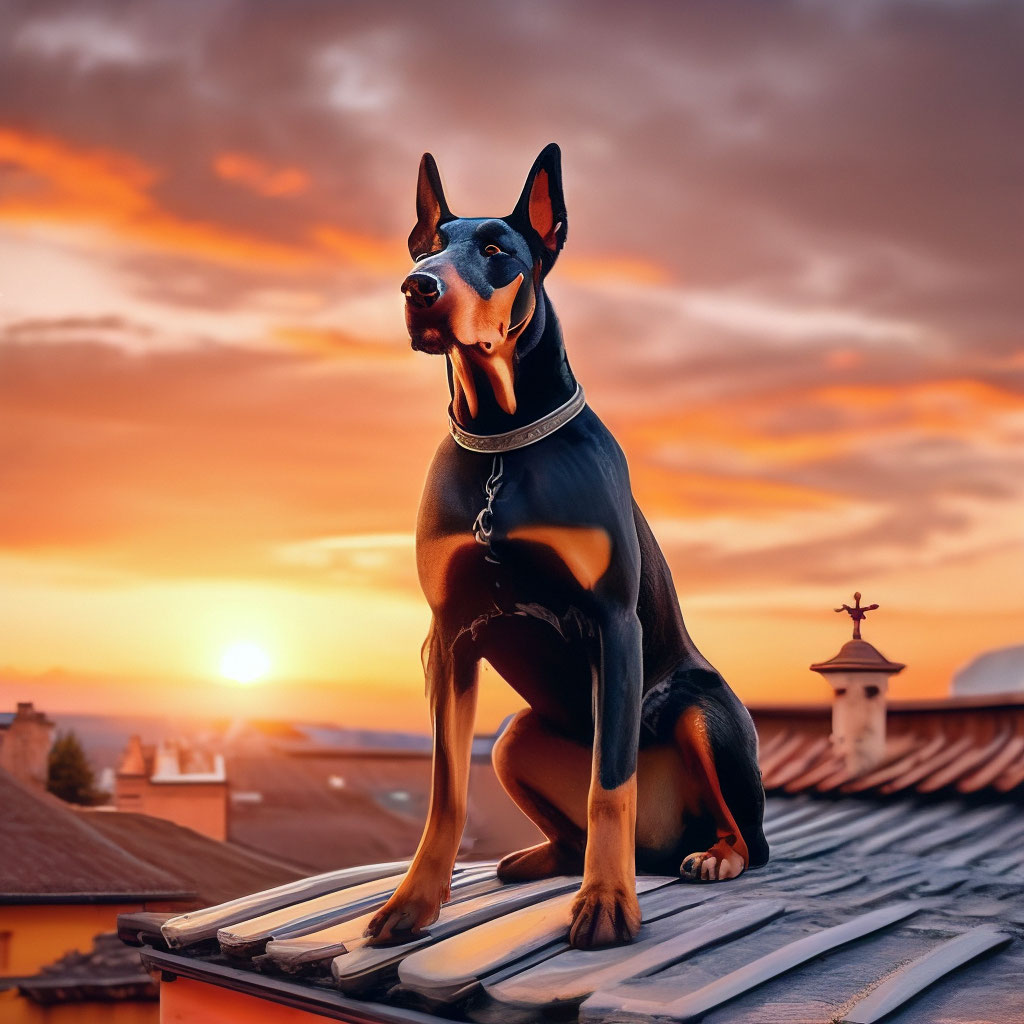 "Doberman on the roof of a house in Italy in the evening orange ...
