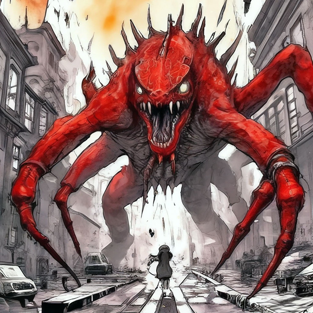 "A red monster with four arms long arms of a spider morph lizard hybrid ...