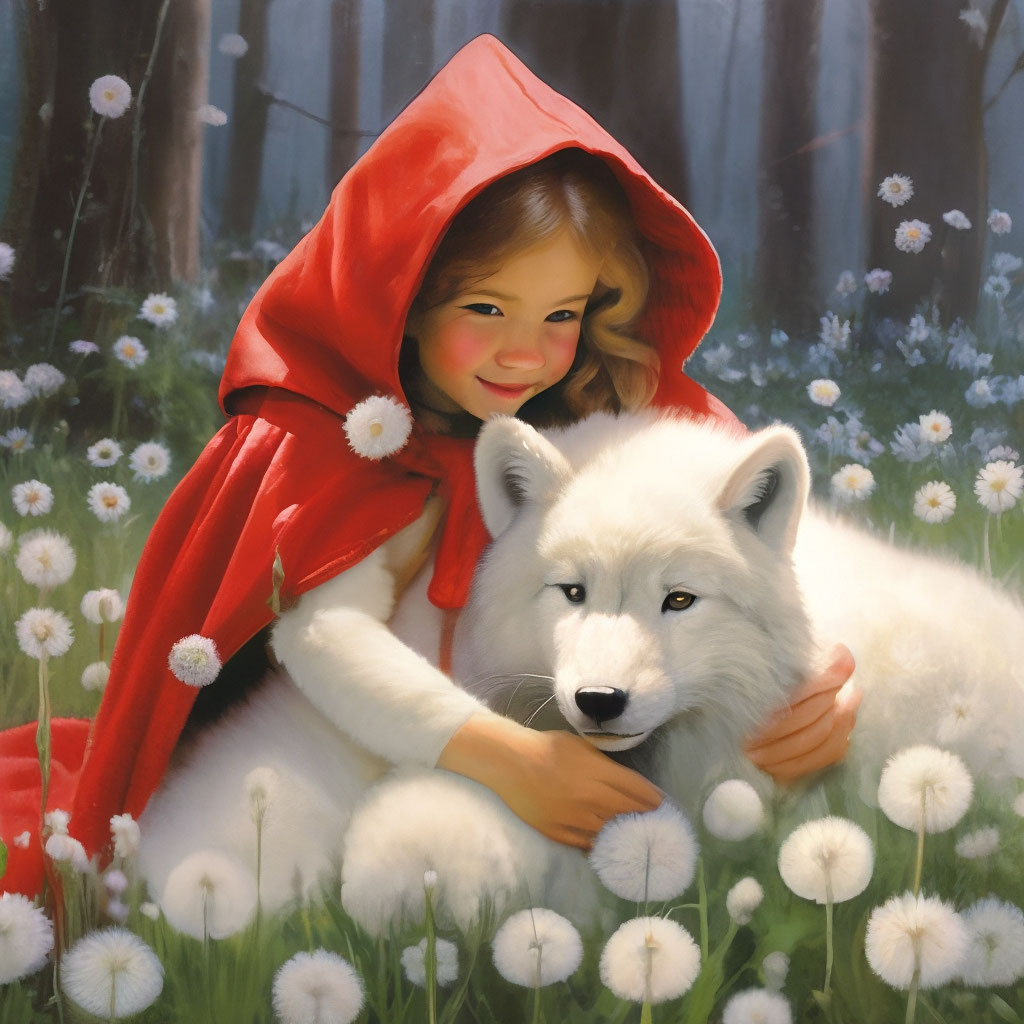 "A white fluffy wolf cub in full growth in a clearing with white ...