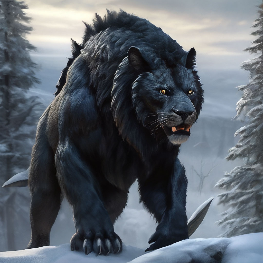 "It stands tall. A tall, muscular male Manticore. with thick black fur ...
