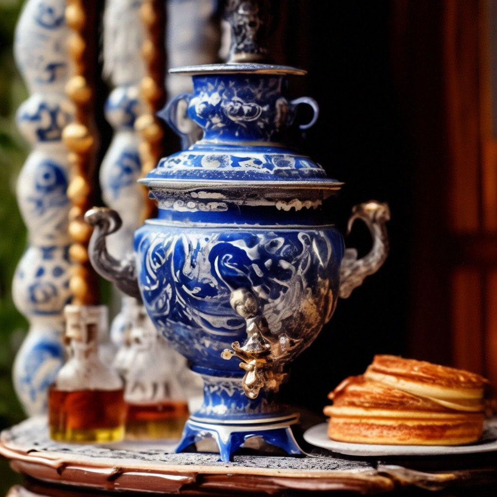 "Russian Russian samovar with an openwork tap and handles, a painted ...