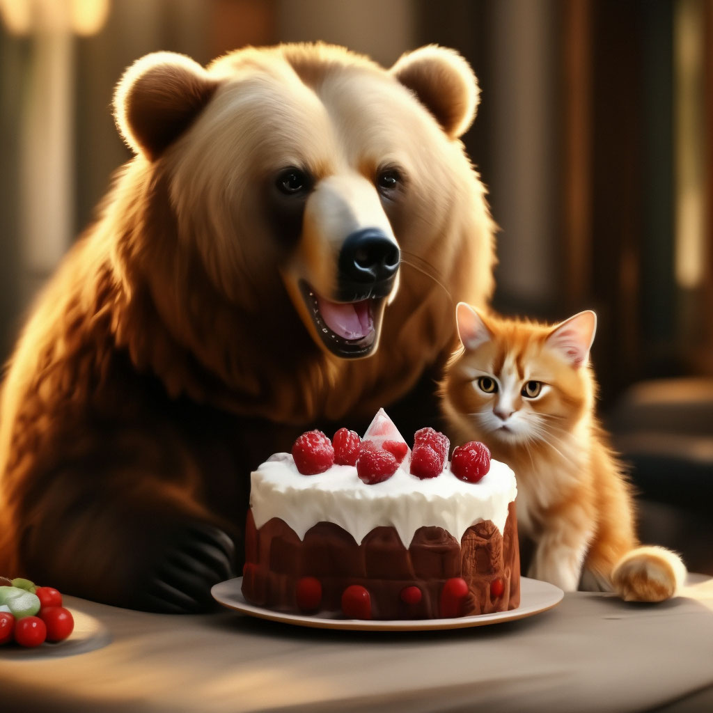 "Cute chubby joyful bear and a big red cat, eating a big cake ...