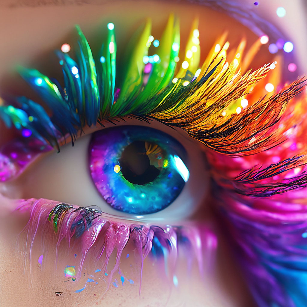 "Rainbow girl with big rainbow eyes, rainbow hair, with very long and ...
