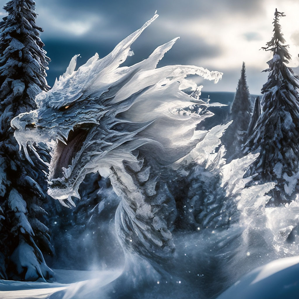 "︎ ︎....... ︎ ︎ ︎ ︎ ︎ fabulous world, icy dragon flying over the forest ...