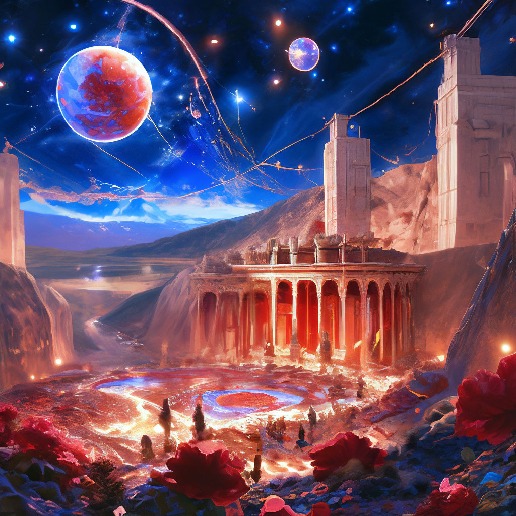 "Carnelian+azurite sky with a cluster of pleiades stars above the ruins ...