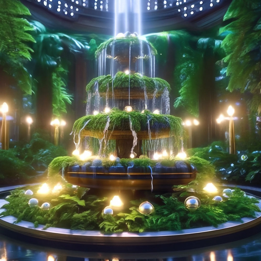 "The divine fountain lights, fern, pearls, hyperrealism, aesthetically ...