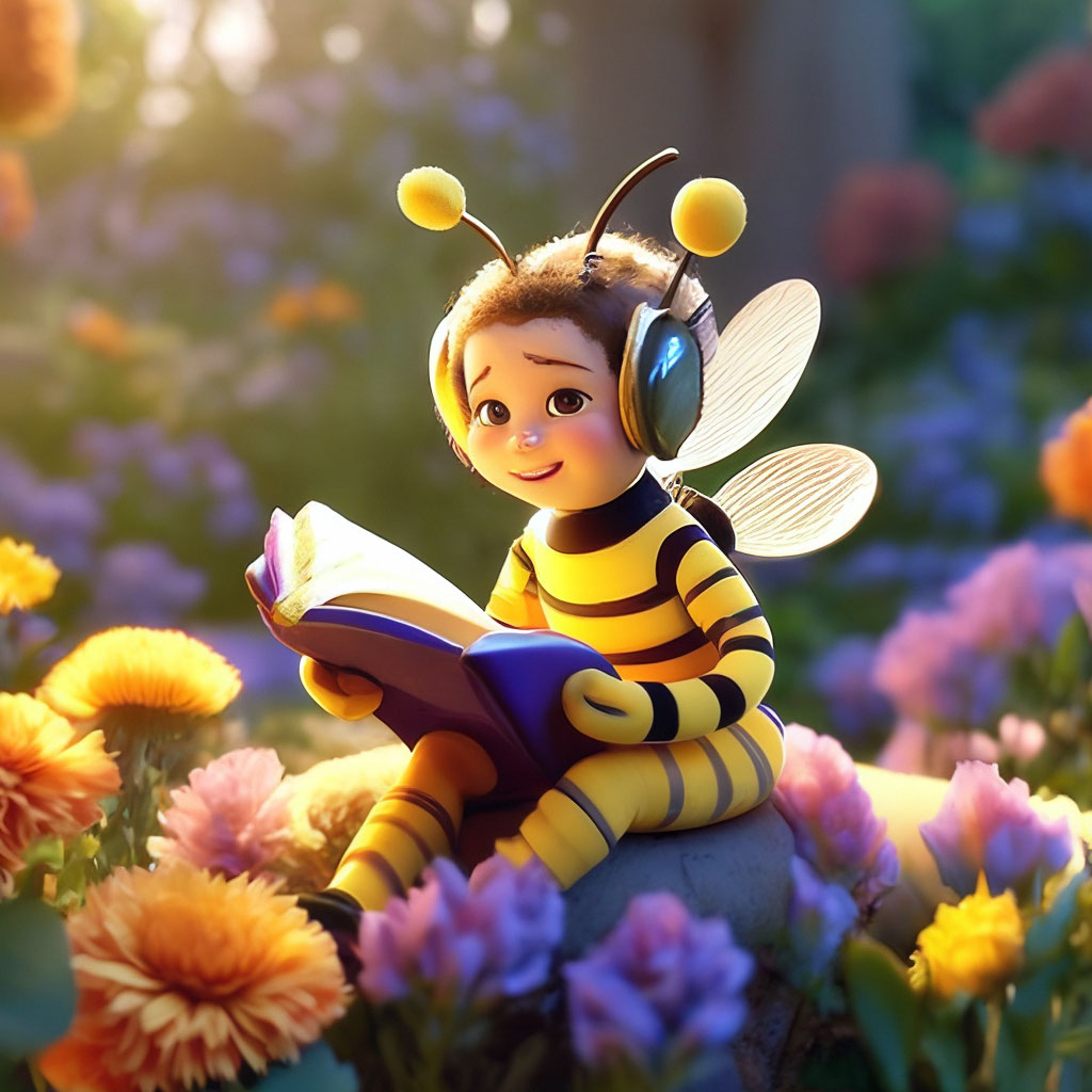 "🐝 Mia the bee is sitting on a flower and reading a book." — image ...