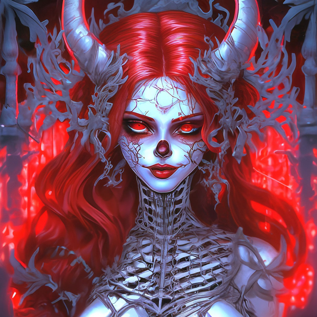 "Beautiful sweet skeleton girl with red hair, red eyes, demon, horns ...