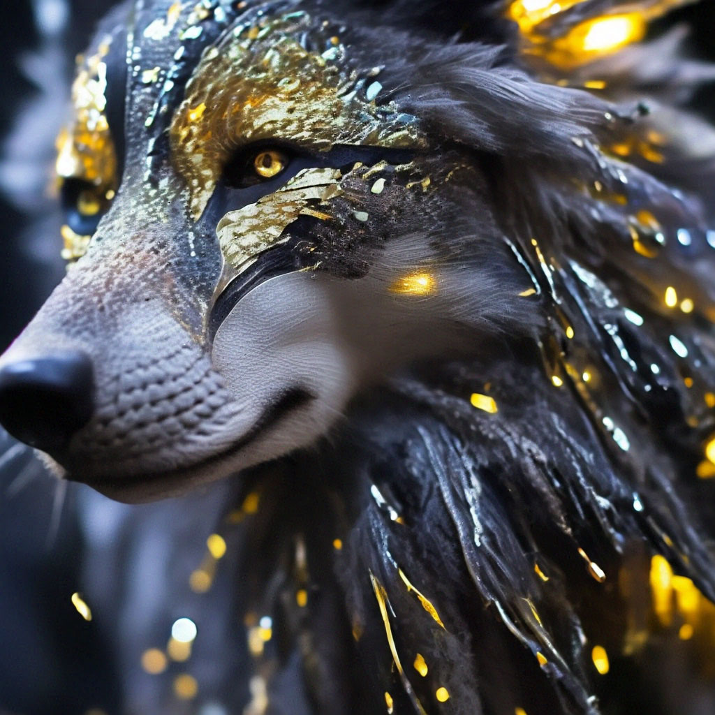 "Wolf, bright body art on the face black, gold, white colors, sequins ...