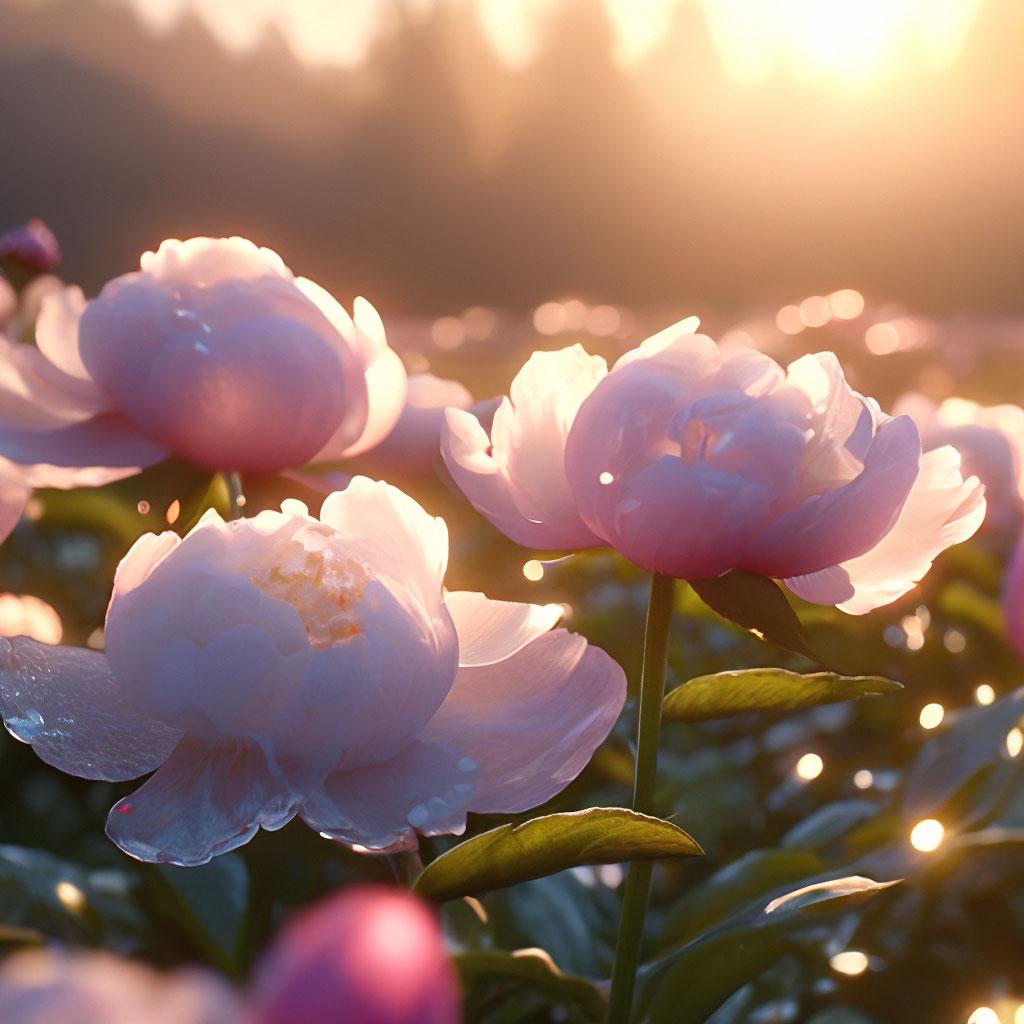 "Semi transparent peonies in a fabulous field the rays of the sun at ...