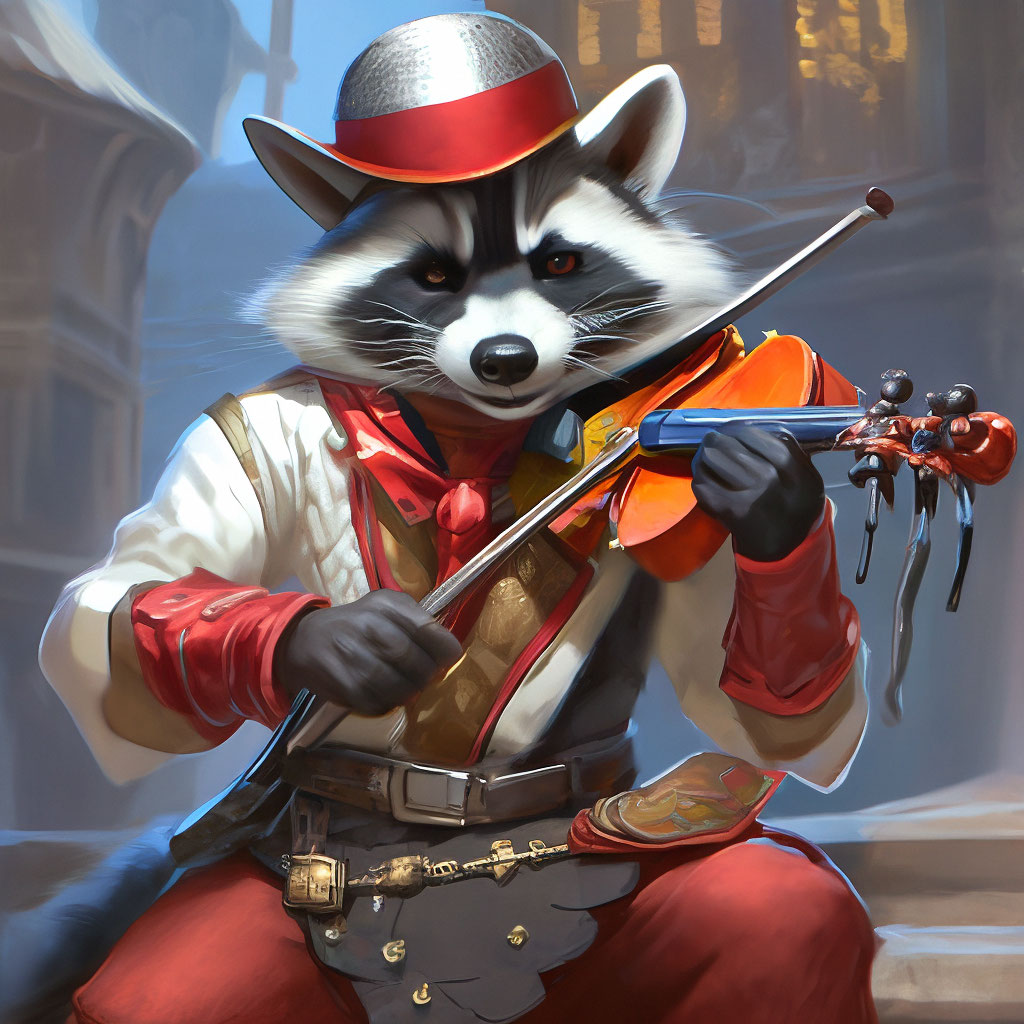 "Raccoon, anthropomorphic, bard, in a red panama hat, in a beautiful ...