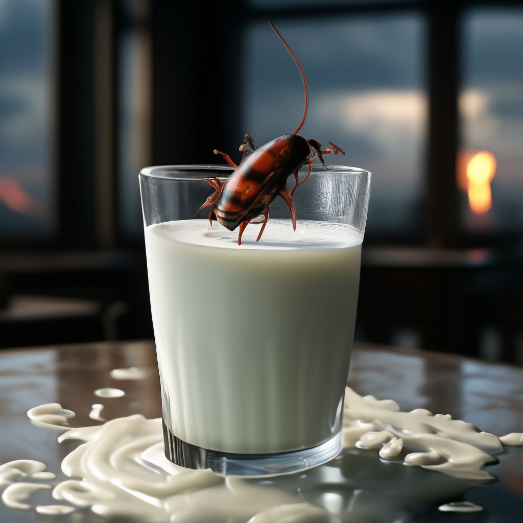 "A glass of milk with a cockroach floating in milk realism 64k ...