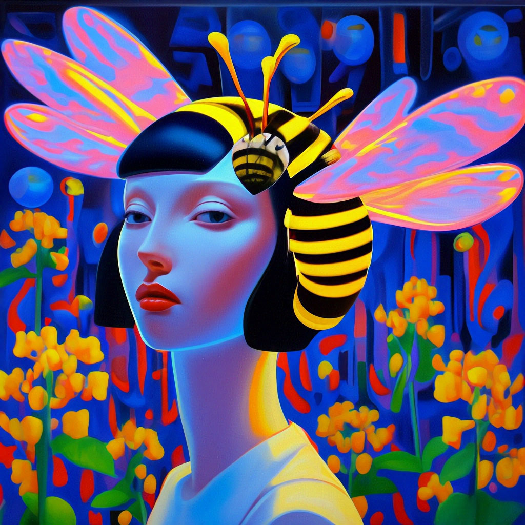 "The girl is a bee. Surrealism. cubism. blooming peas" — image created ...