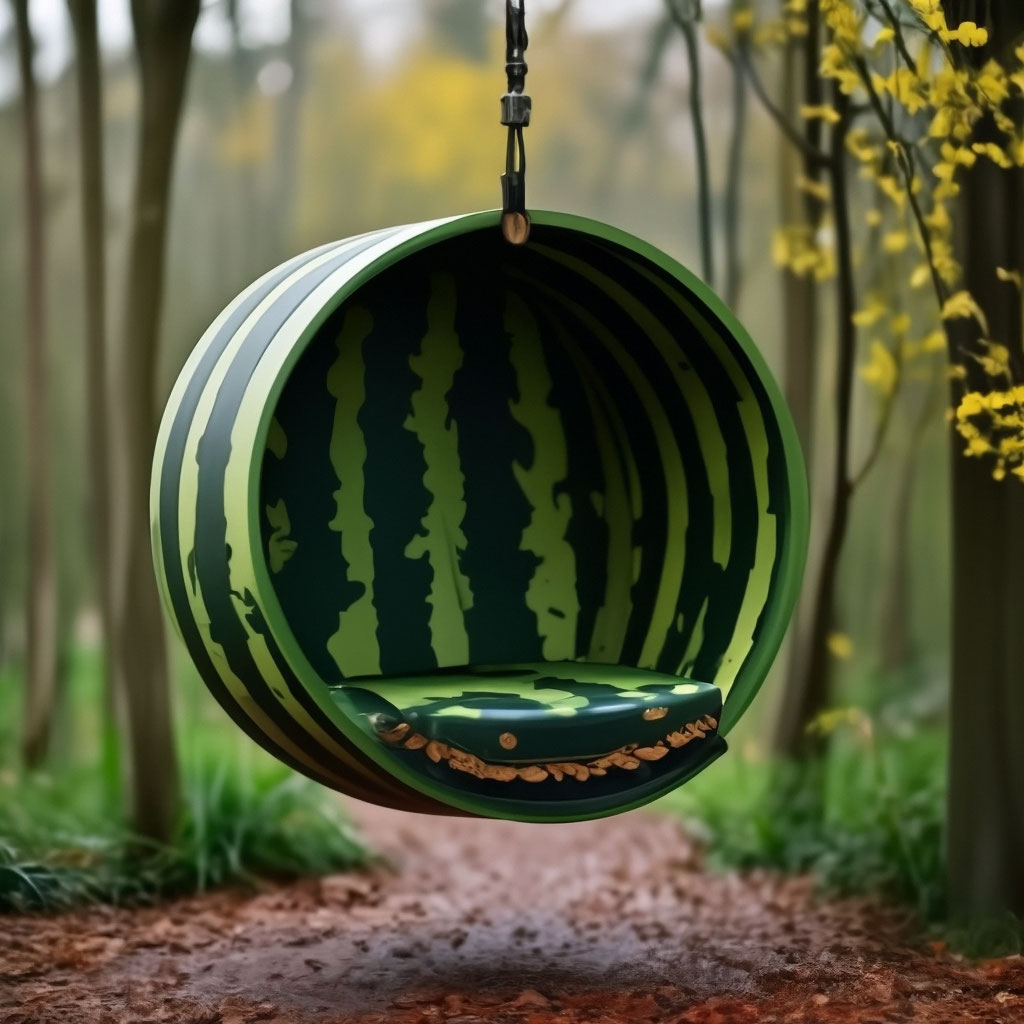 "A swing in the form of a watermelon, wrapped in leaves" — image ...
