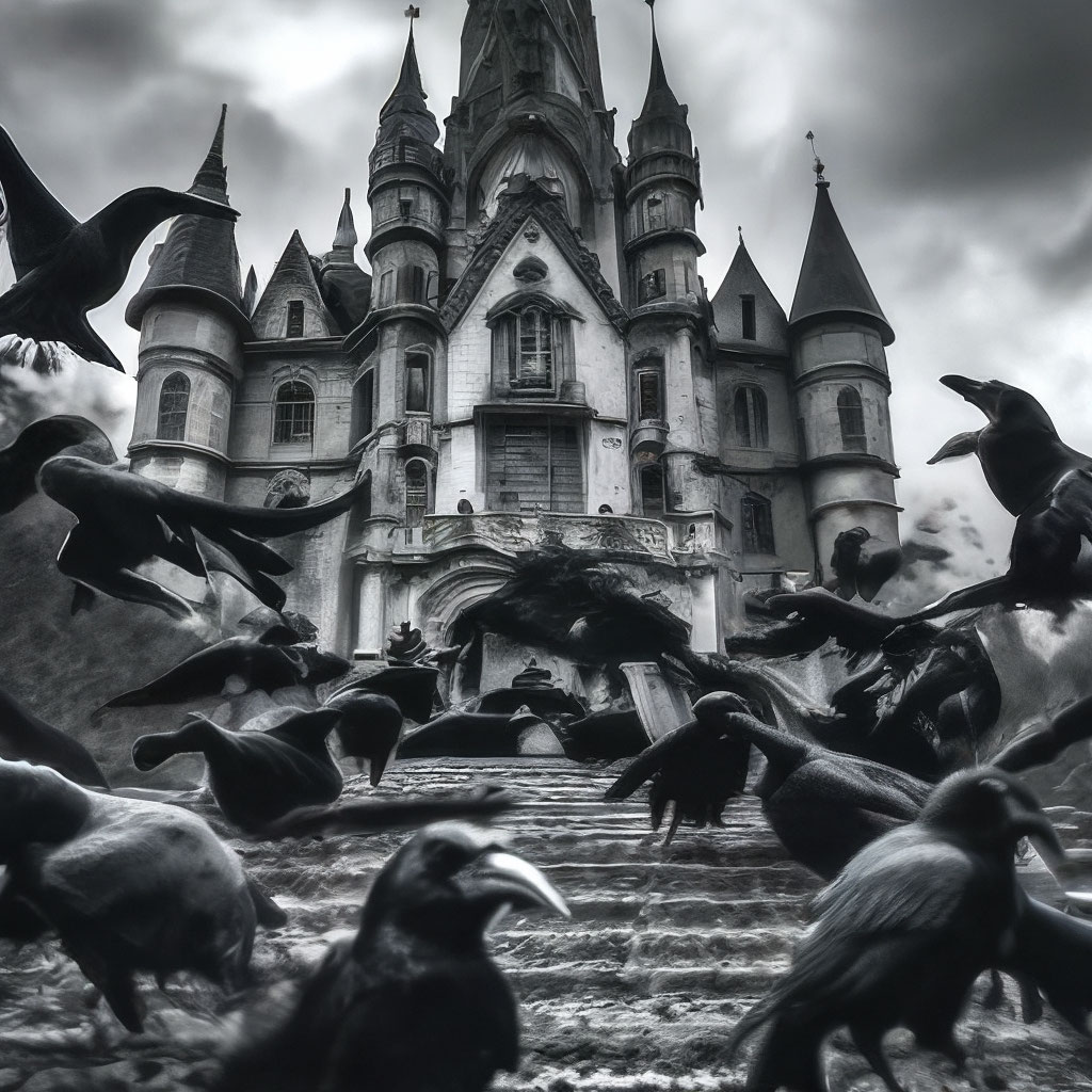 "А black and white photo of a castle surrounded by crows, trending on ...