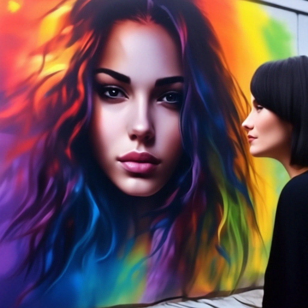 "A woman painted a rainbow portrait of a girl on the wall, 16k, bright ...