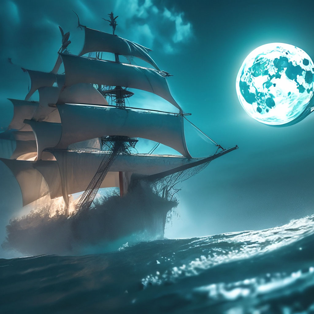 "Big moon close-up, beautiful turquoise haze over the sea, frigate with ...