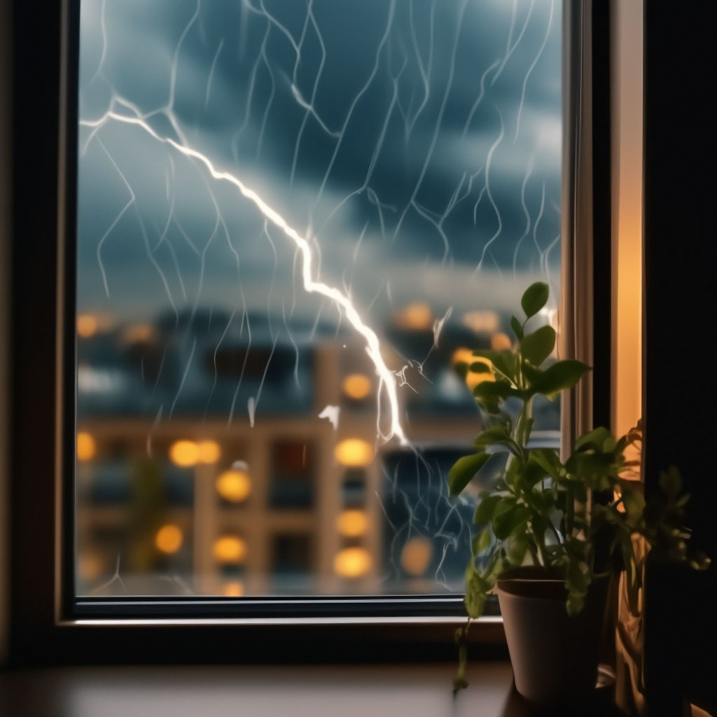 "There is a thunderstorm on the windowsill outside the window , a high ...