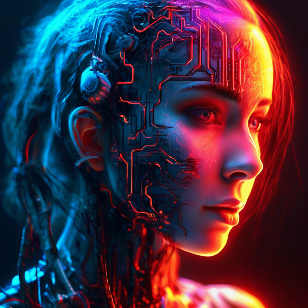 "Neon glow hair with a colorful glow, robo girl's face, tattoos circuit ...