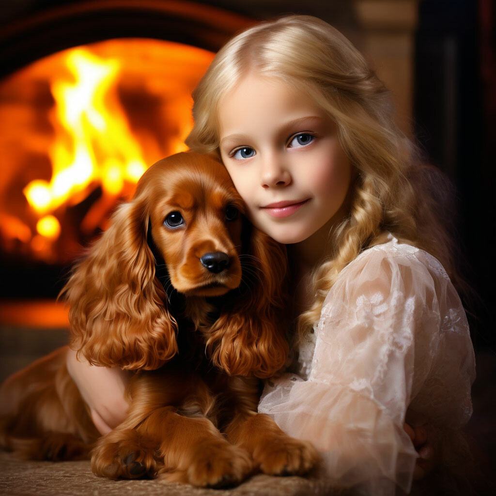 "A blonde princess girl hugging a red Cocker spaniel puppy, sitting on ...
