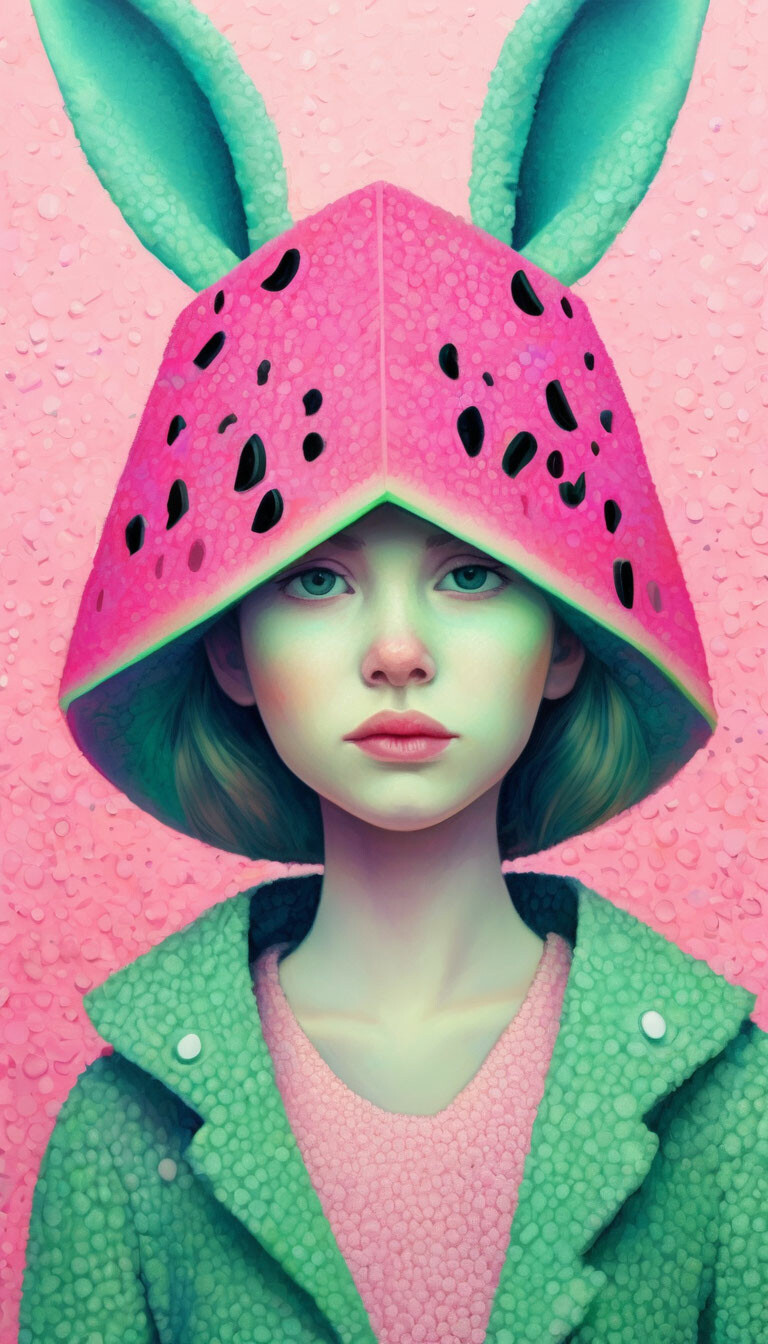 "Humanization of a rabbit in the form of a mint watermelon pointillism ...