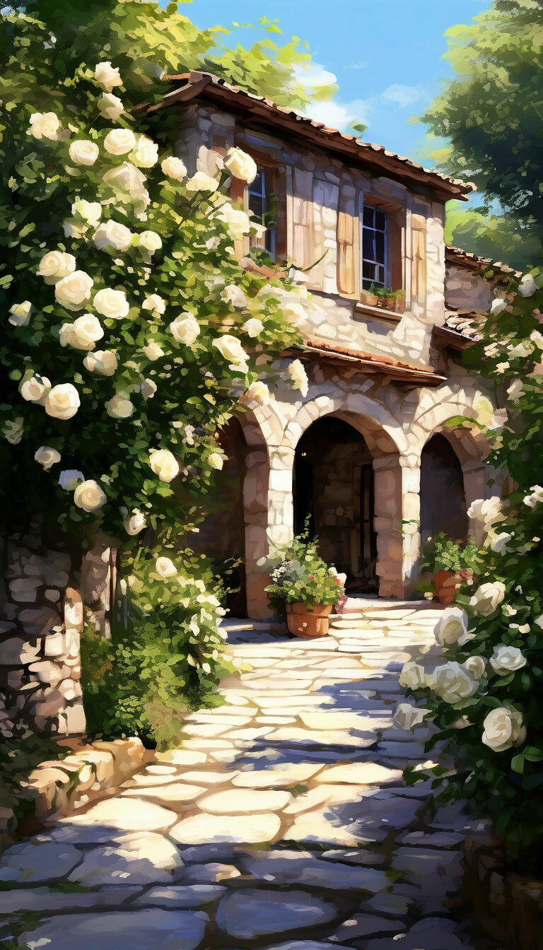 "🌺arlinka🌺 Digital painting.Beautiful rustic stone house with a canopy ...