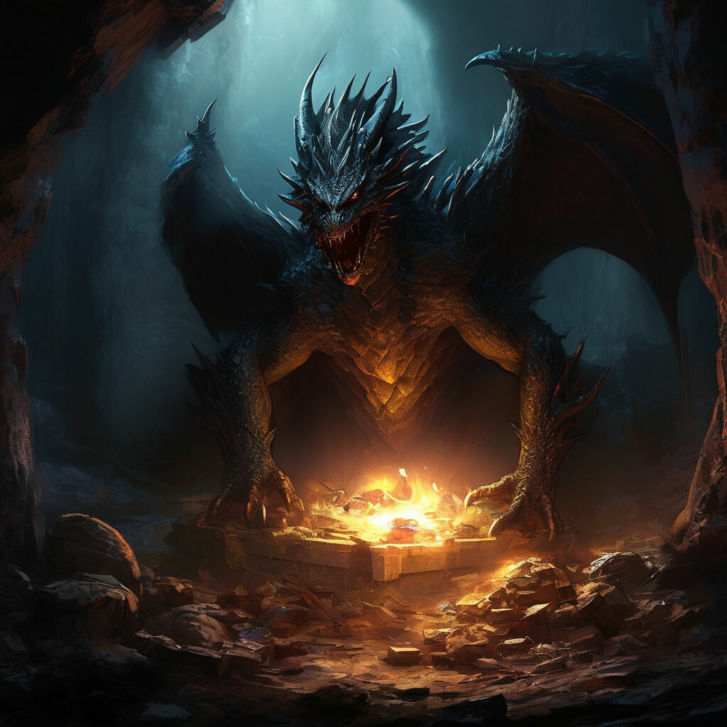 "An evil dragon guards the treasures obtained in battles in a cave ...