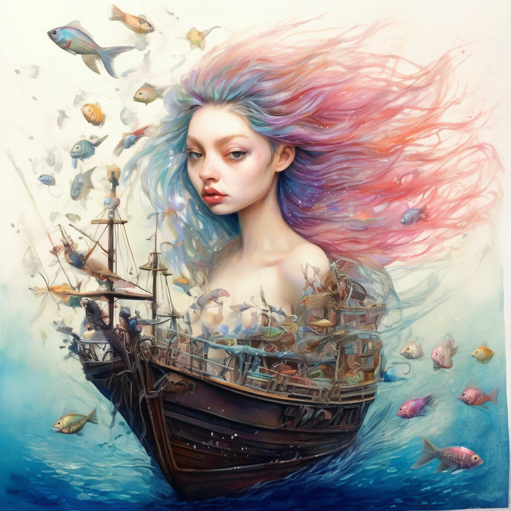 "🧜‍♀️+⛵ charming huge Ellen Sheidlin-a mermaid sits on a ship,grotesque ...
