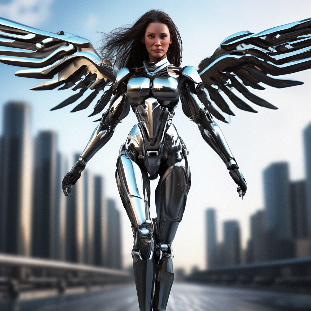 "Cyborg robot female warrior made of flying metal perfect figure long ...
